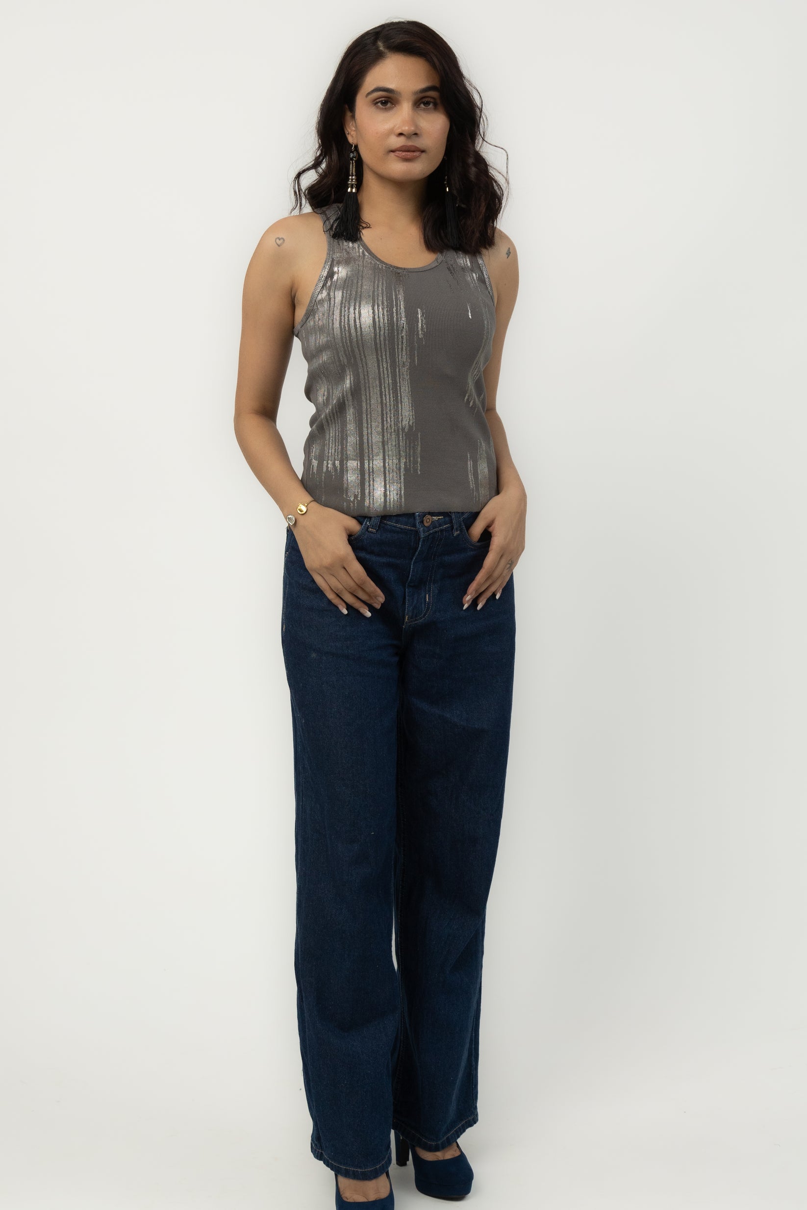 Foil Print Ribbed Tank Top (Grey) by Purple Potato – PURPLE POTATO