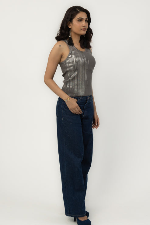 Foil Print Ribbed Tank Top (Grey) by Purple Potato – PURPLE POTATO