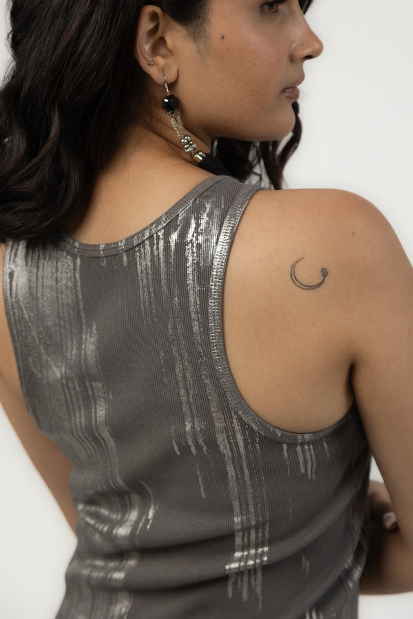 Foil Print Ribbed Tank Top (Grey) by Purple Potato – PURPLE POTATO